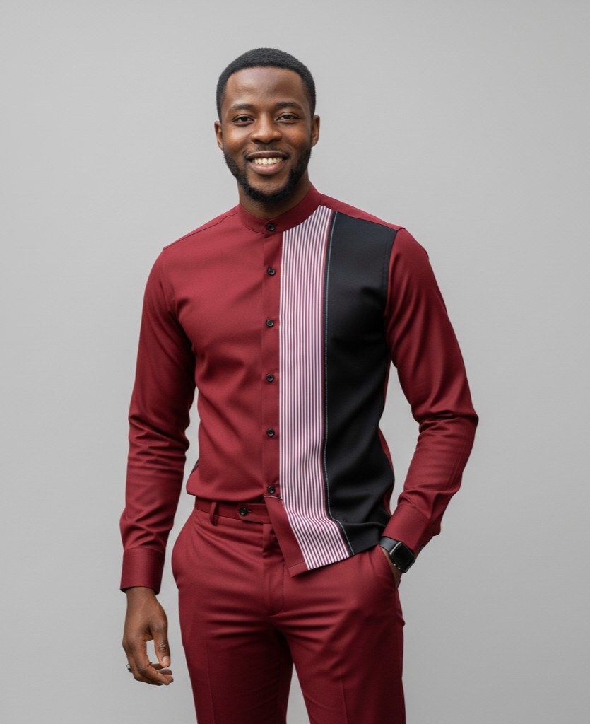 Men's Premium Maroon Mandarin Collar Shirt and Trouser Set - African In ...