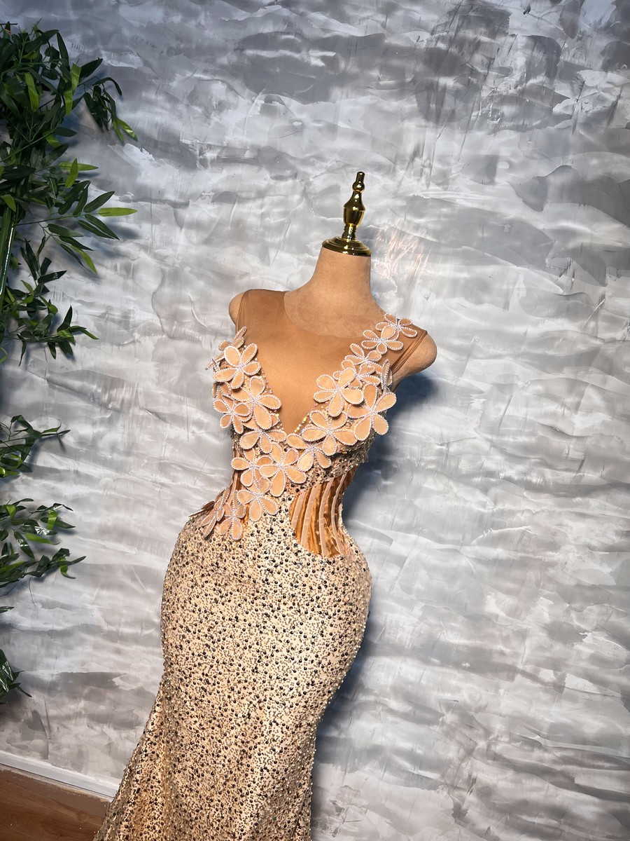 Luxury petal dress,luxury beaded prom dress,gold reception dress,luxury ...