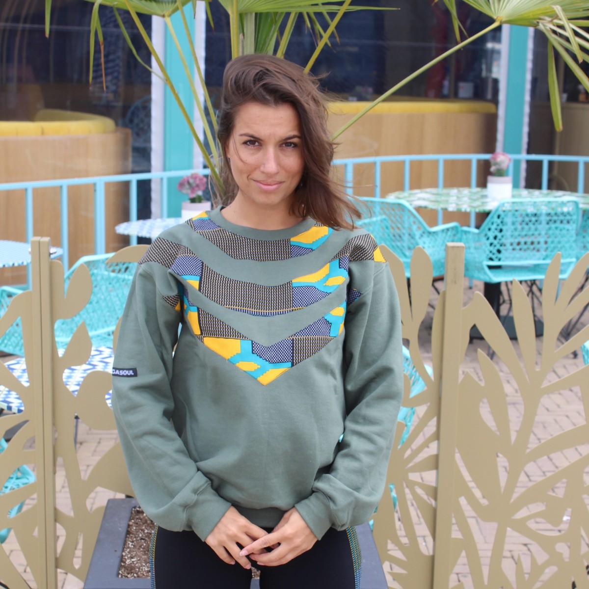 Khaki cotton sweatshirt with Kente theme by tingasoul - Sweat-shirts - ANKA